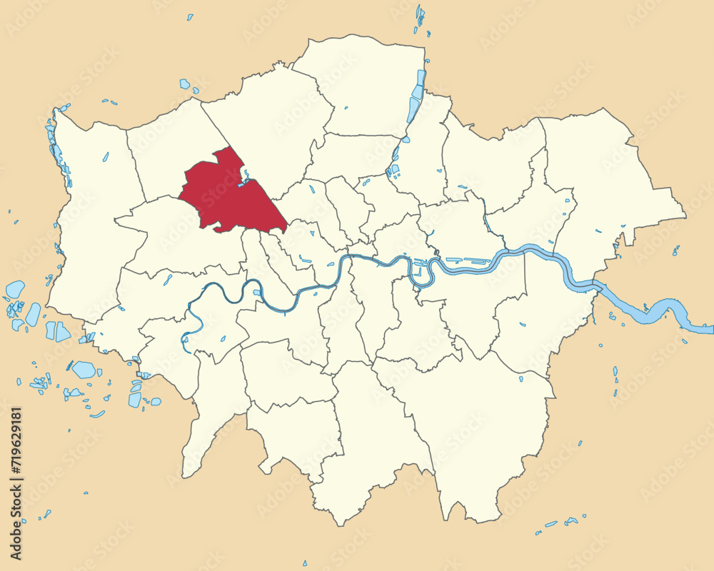 Red flat blank highlighted location map of the BOROUGH OF BRENT inside ...