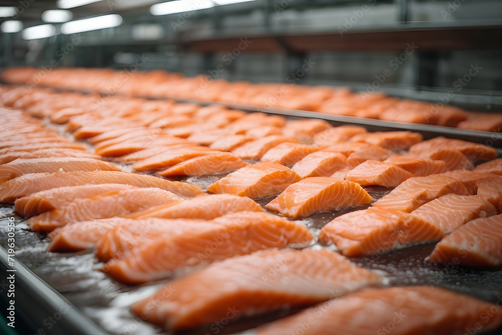 The detail of a fish salmon factory, processing line. Fish and food industry abstract. Salmon ...