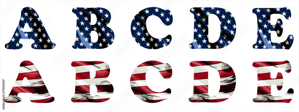 Vector font on background of national flag of usa. A set of letters of ...