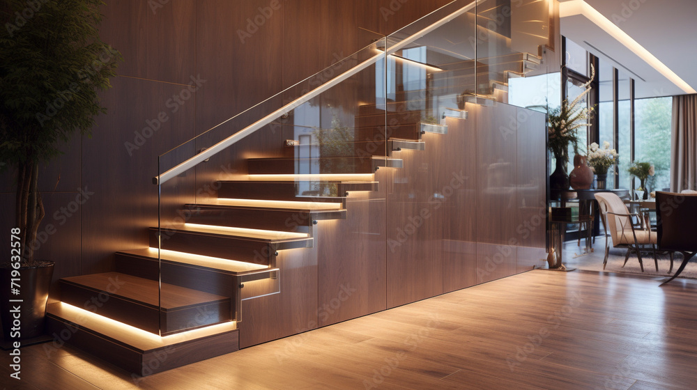 A modern wooden staircase with glass railings, discreet LED strip ...