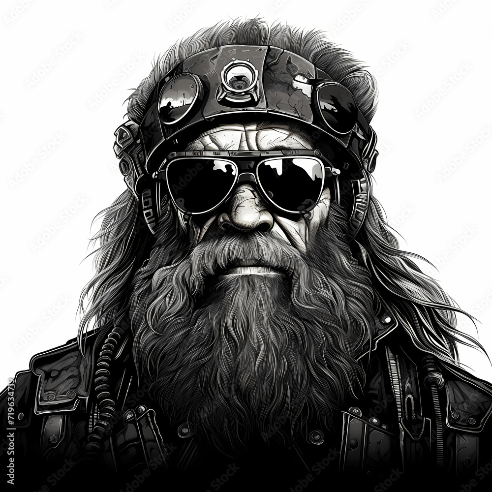 Pilot Man with beard and mustache, tribal tattoo. Hand drawn black ink ...