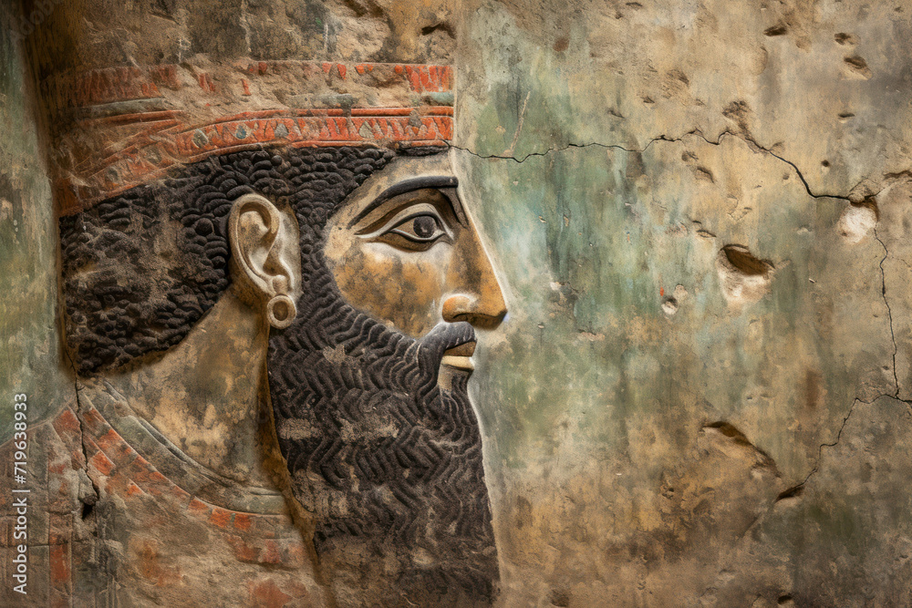 Sumerian wall art background, bearded king face painted on damaged ...