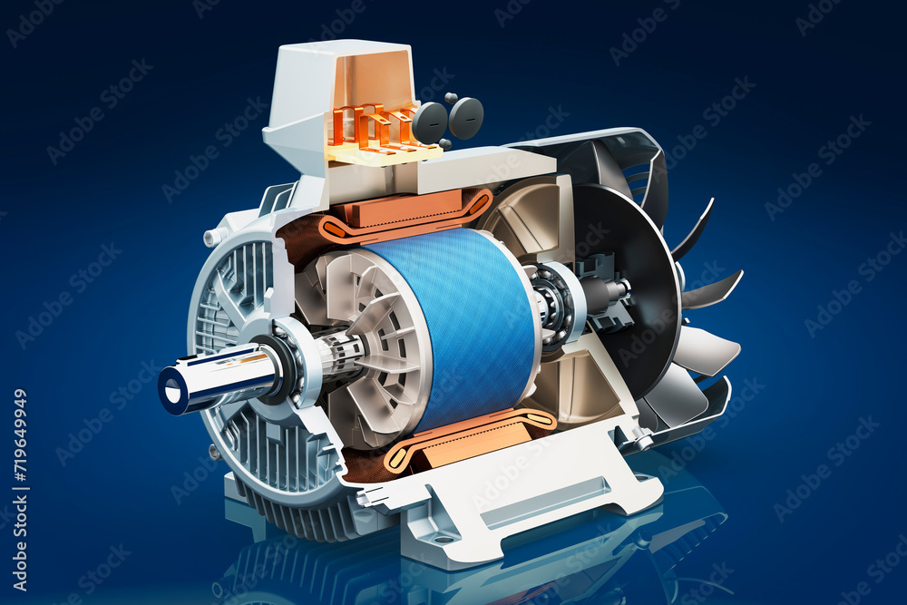 Cross section and structure of industrial electric motor on backdrop ...