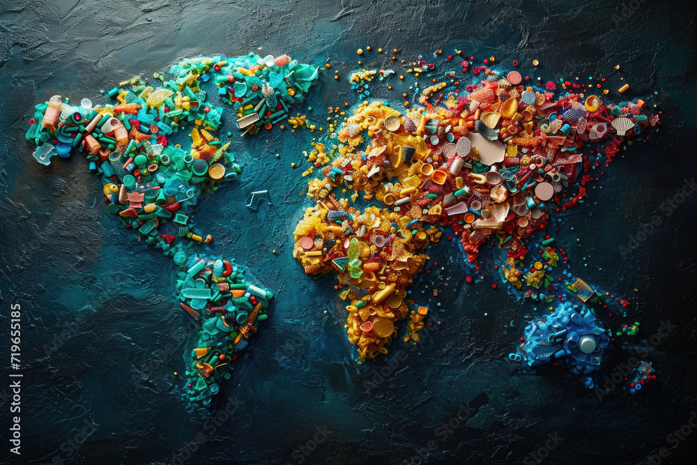 An artistic representation of microplastics forming a world map on a ...