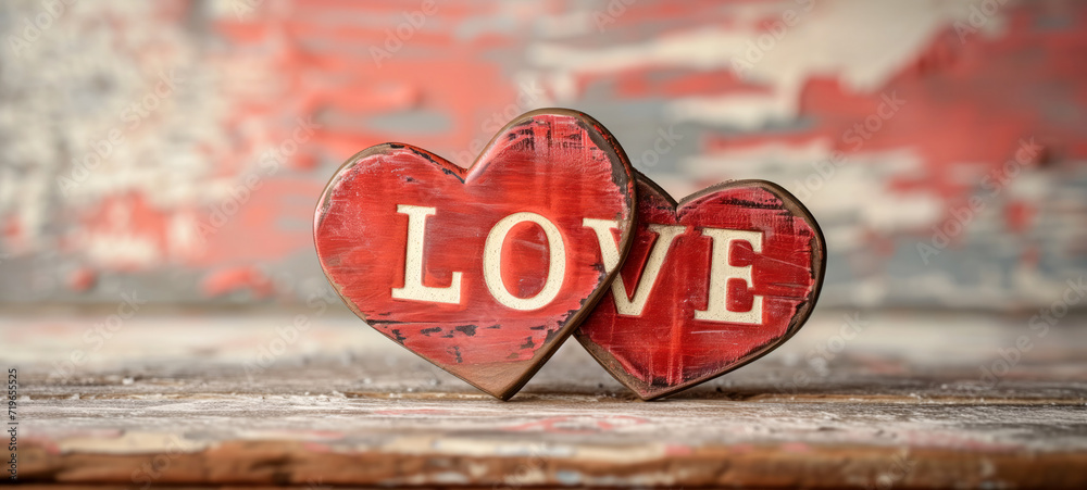 Word love engraved, etched in white into two hearts standing together ...