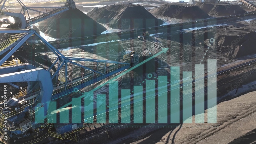 Aerial of Coal mining site with excavator and graph of working progress ...