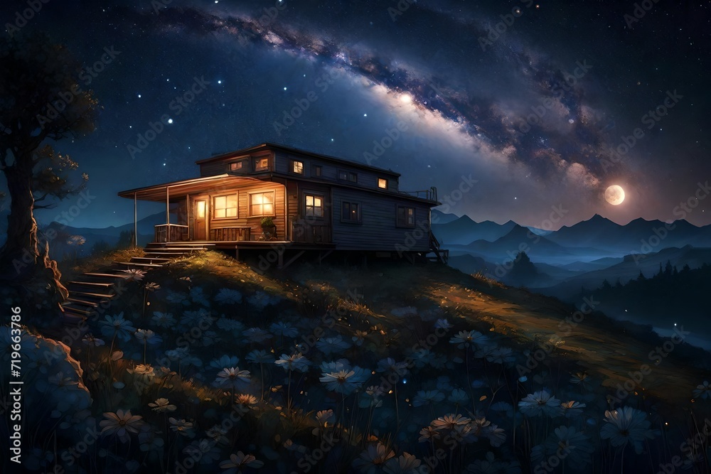 Nightfall around a mobile home on top of a majestically beautiful hill ...