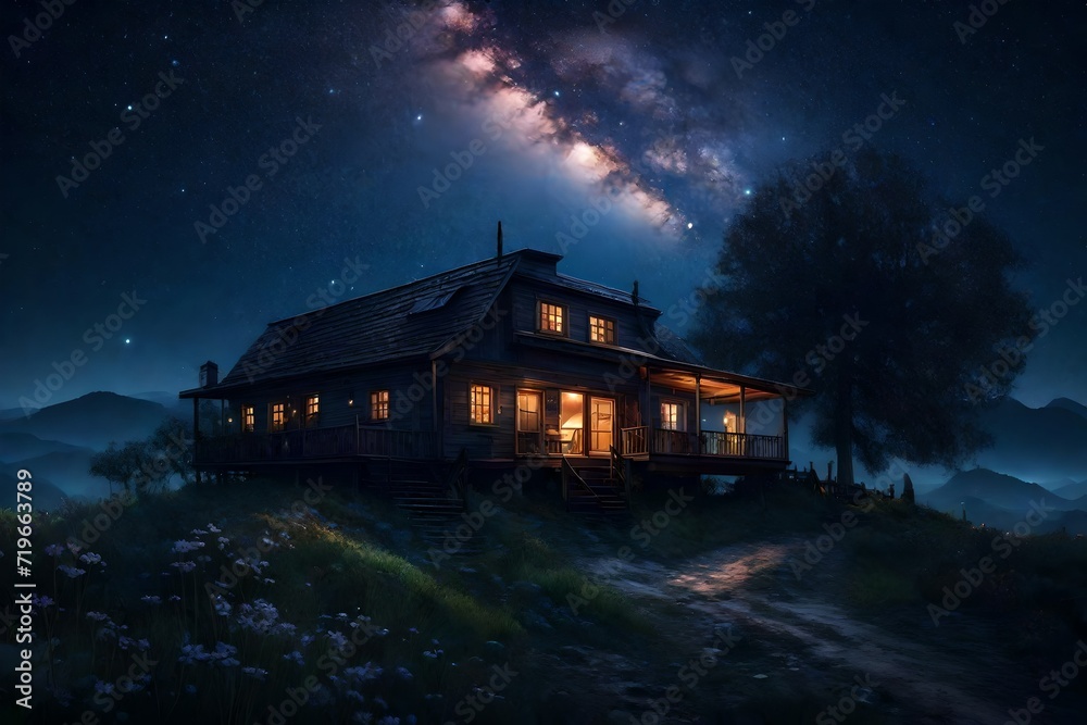 Nightfall around a mobile home on top of a majestically beautiful hill ...
