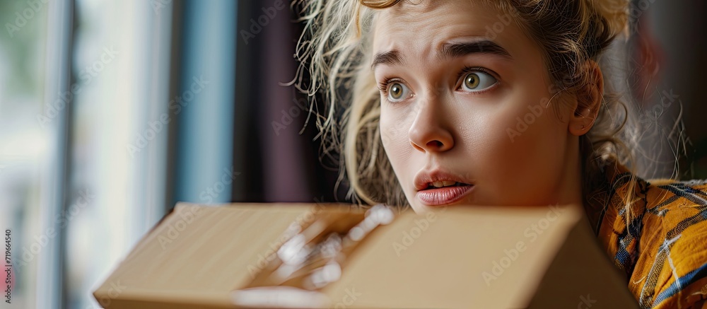 Shocked sad woman received parcel with wrong or damages items holding ...