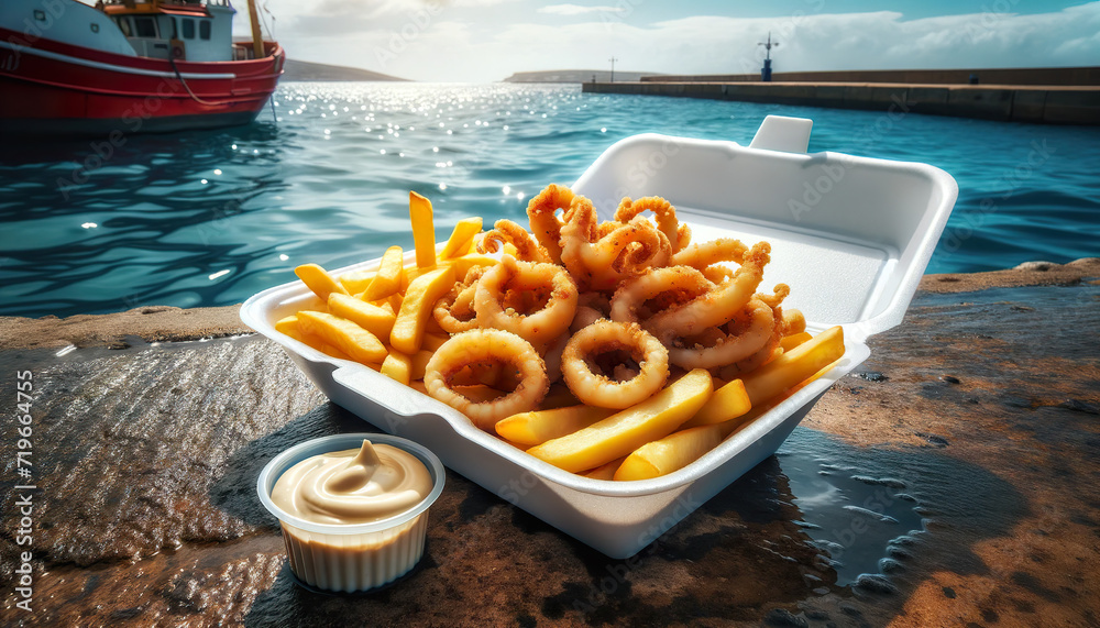 Calamari coated in bread crumbs deep fried with French fries, take away ...