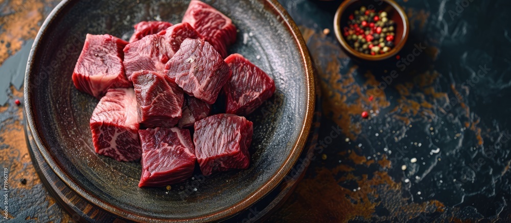 Premium Japanese wagyu diced beef cubes sliced on plate for yakiniku ...
