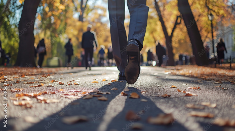 Walk to work Day. Elegant man in suit walking on a road in a park ...