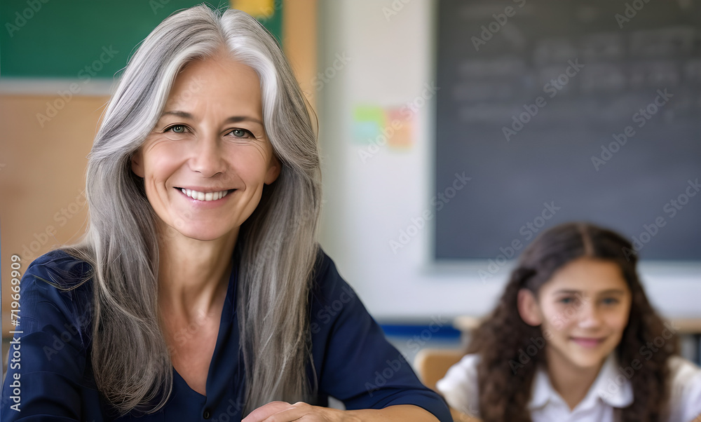 portrait female teacher, smile her face, gray hair, schoolchildren ... portrait female teacher, smile her face, gray hair, schoolchildren ...