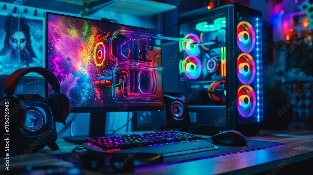 Water Cooled Gaming Pc with RGB rainbow LED lighting. Modern gaming ...
