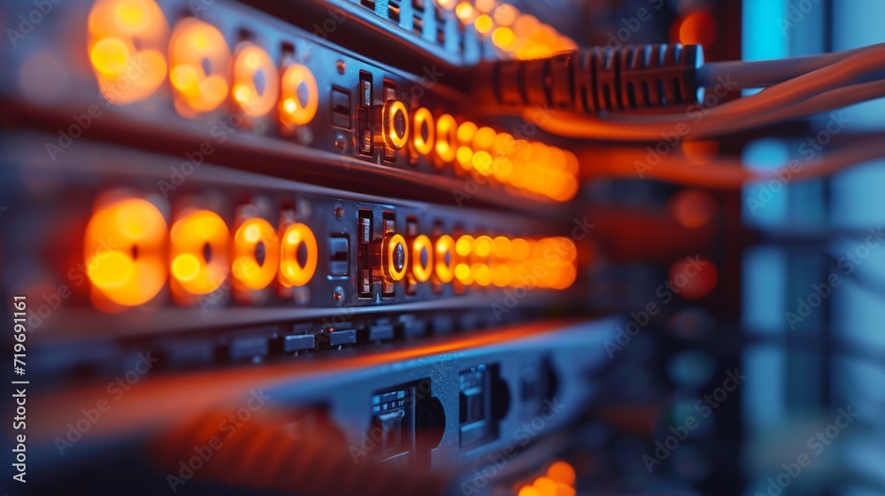 Network switch and ethernet cable in rack cabinet. Network connection ...