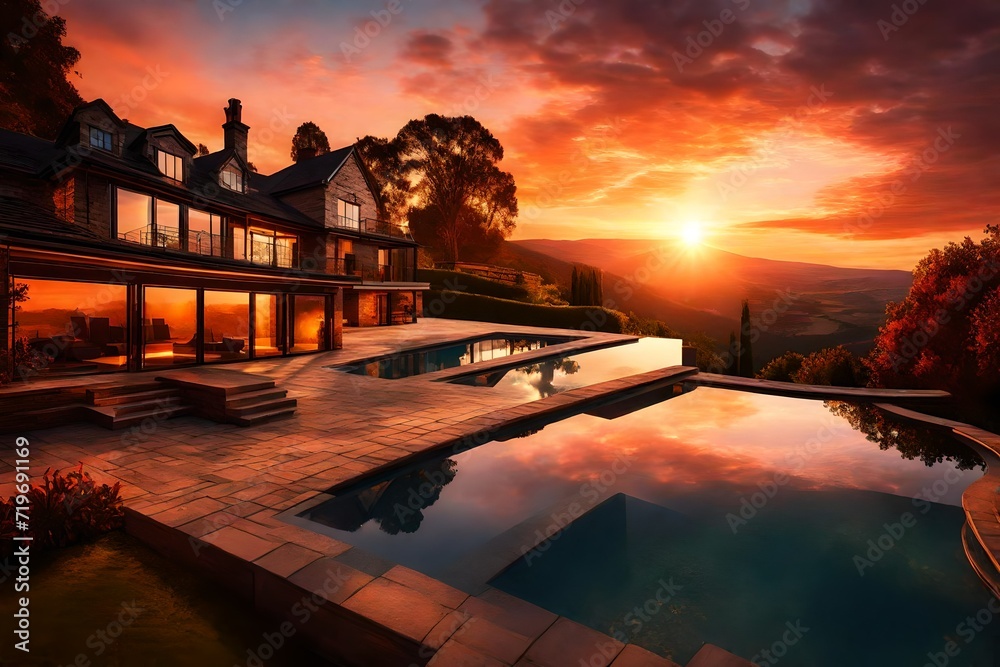 Sunset descending on a townhouse on top of a majestically beautiful ...