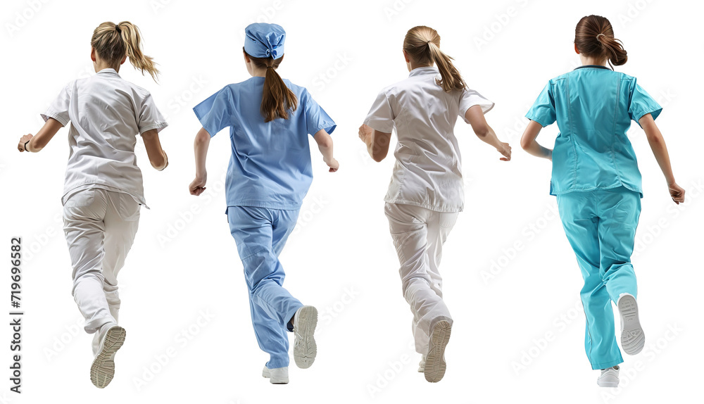 Back view collection set of female nurse running over isolated ...