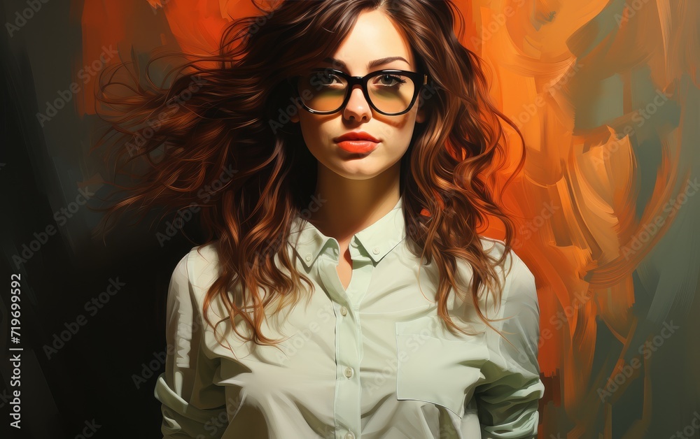 A captivating portrait of a bespectacled woman with flowing brown locks ...