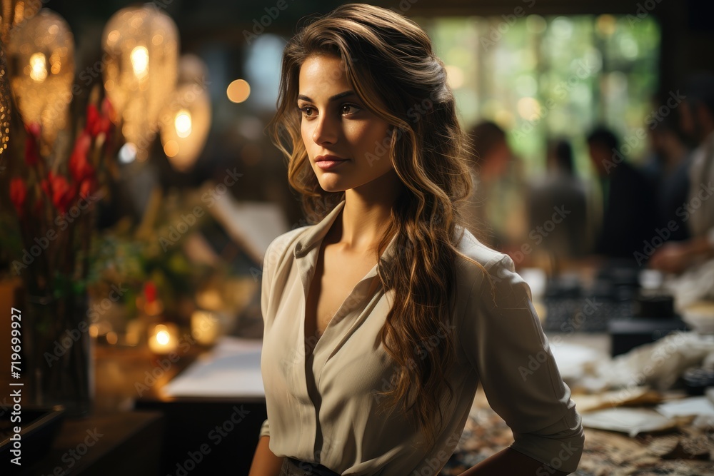 A fashion-forward woman stands in the glow of a candle, her face turned ...