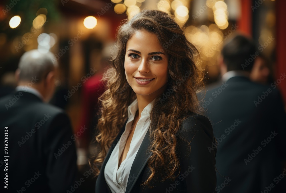 A confident lady with a radiant smile stands on the bustling street ...