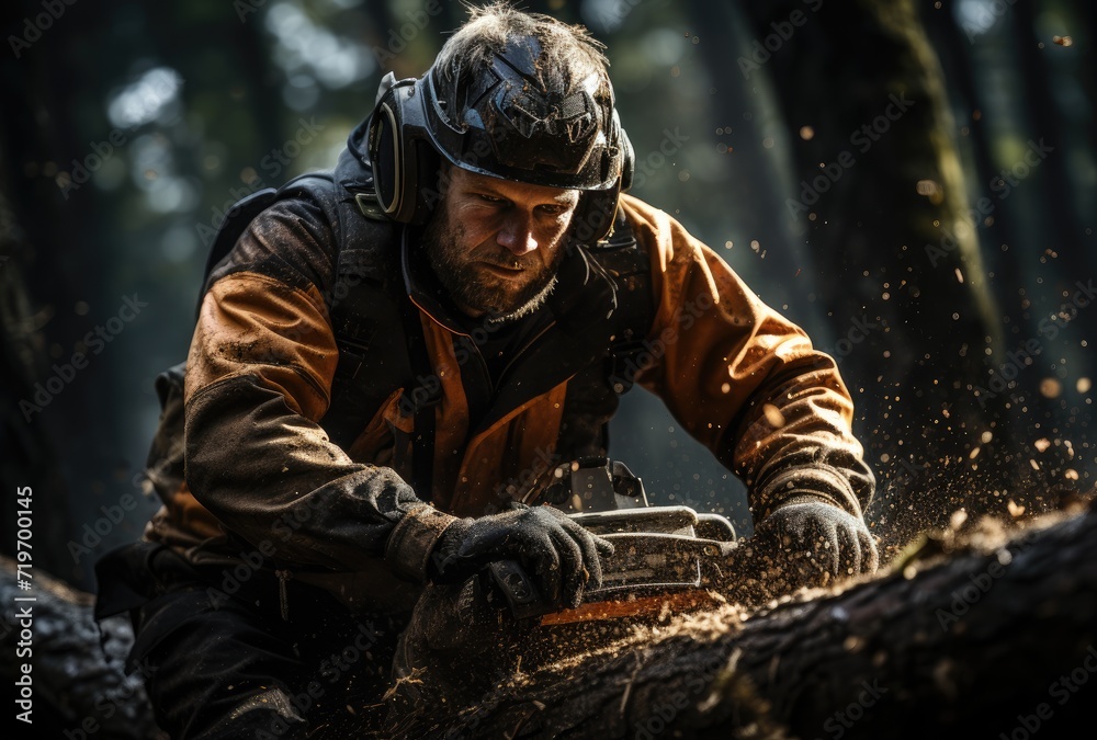 A rugged firefighter, donning a protective helmet and outdoor clothing ...