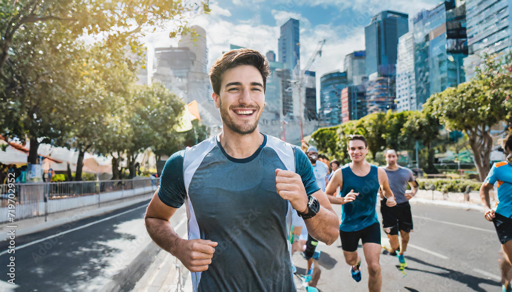 Athletic Young Man Crossing the Finish Line in a City Marathon During ...