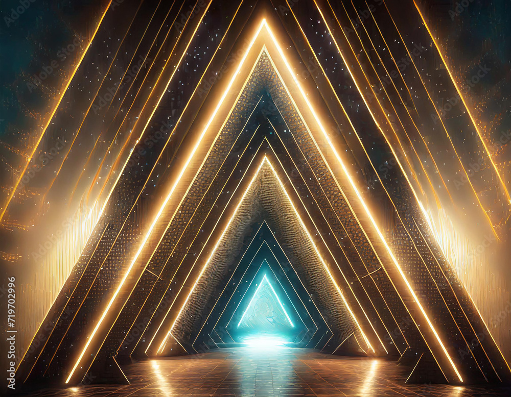 Neon light abstract background. Triangle tunnel or corridor sepia ...