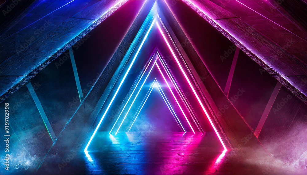 Neon light abstract background. Triangle tunnel or corridor pink blue ...
