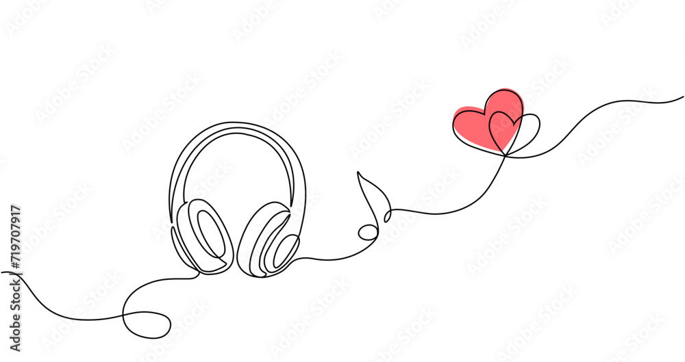 Headphones with music notes continuous one line drawing. Lineart ...