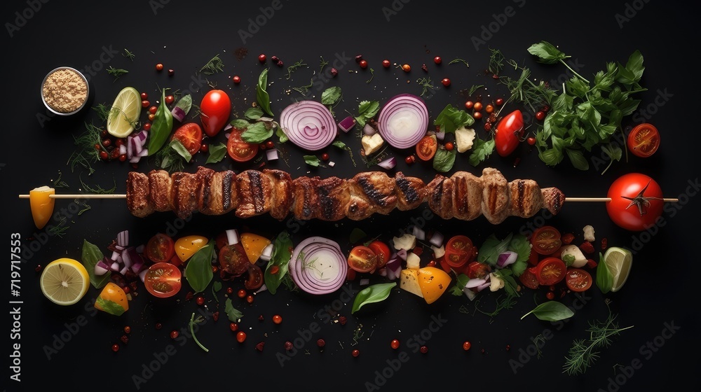 details of kebab meat, onions and tomatoes. The grill marks on the meat ...