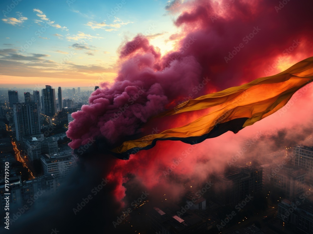 Foto de The vibrant red flag billows in the polluted sky, as the ...
