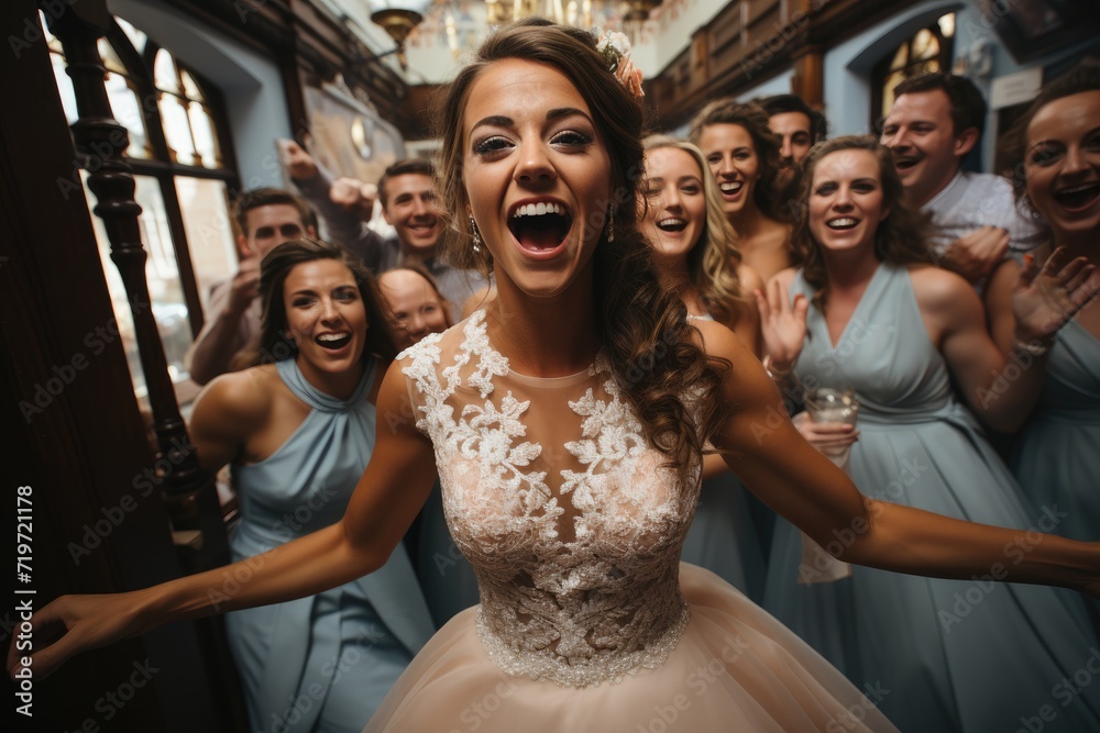 A radiant bride in an ivory haute couture wedding dress smiles ...