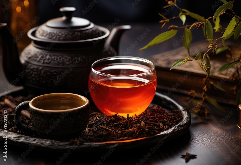 A serene moment captured as a steaming cup of assam tea is served on a ...