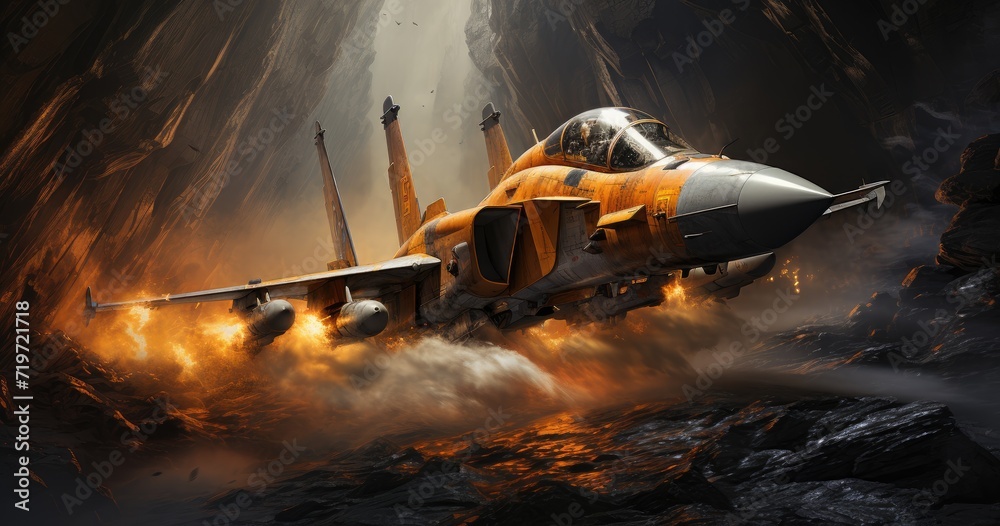 A sleek jet soars gracefully over the shimmering expanse of water ...