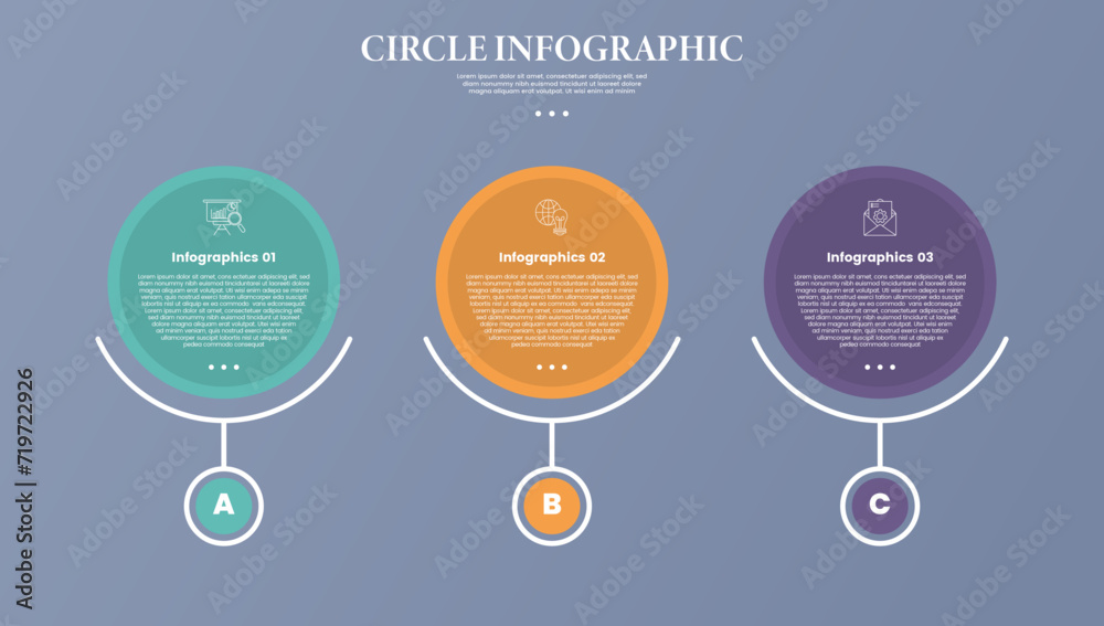 3 point circle infographic stage or step template with big circle with ...