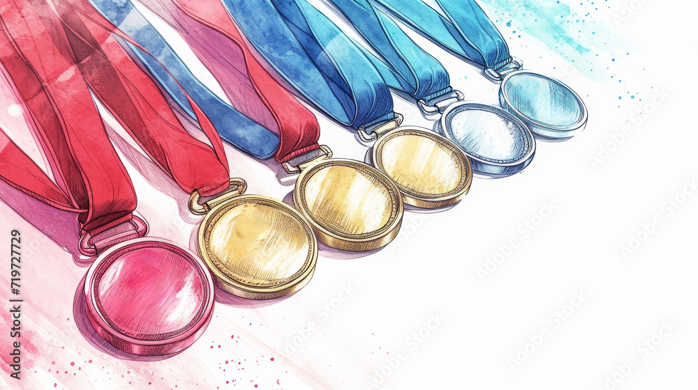 Artistic interpretation of Olympic medals, draped with ribbons in blue ...
