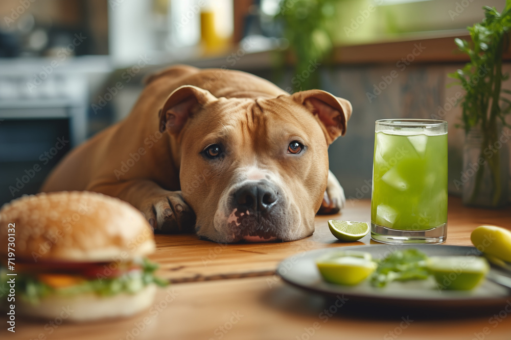 Patient dog pit bull terrier lying on kitchen table next to a hamburger ...