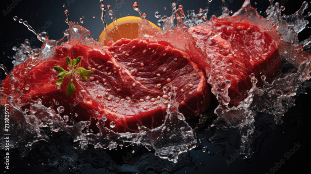 Fresh raw piece of meat falls into liquid on a black dark background ...