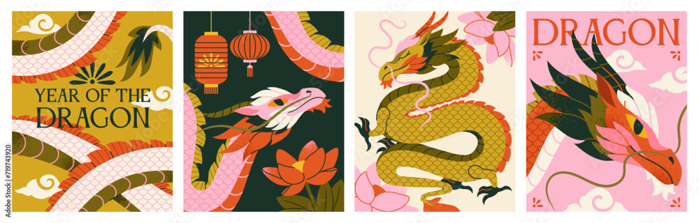 Chinese New Year Posters Set. Collection of modern covers with zodiac ...