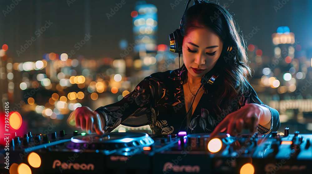An elegant woman DJ with a magnetic presence, commanding the rooftop ...