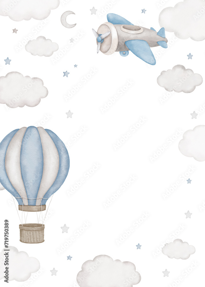 Сhildren's border frame illustration - toy airplane and hot air balloon ...