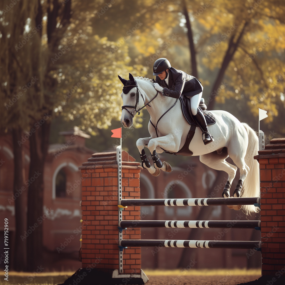 An equestrian jumping arena with a horse jumping over a vertical ...