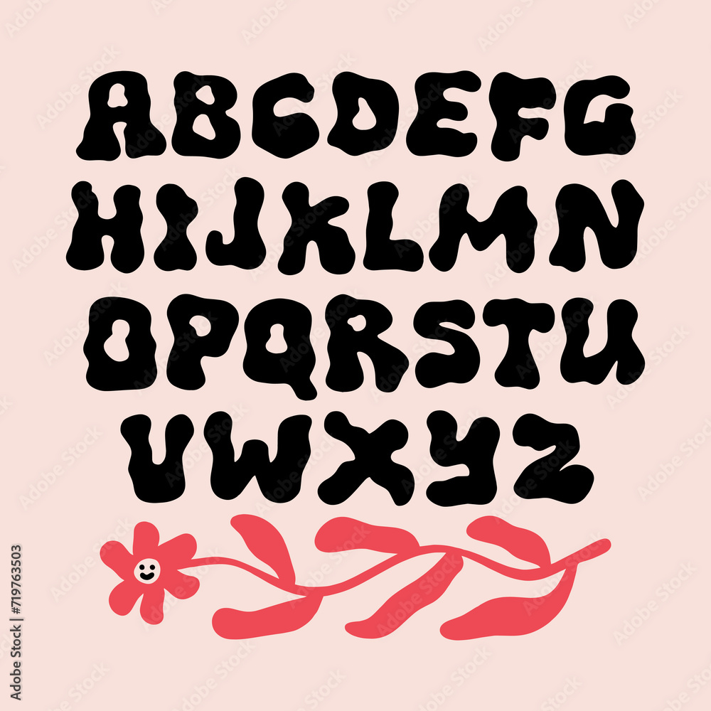 Vetor de Hippie bohemian groovy postmodern funky font alphabet 1960s ...
