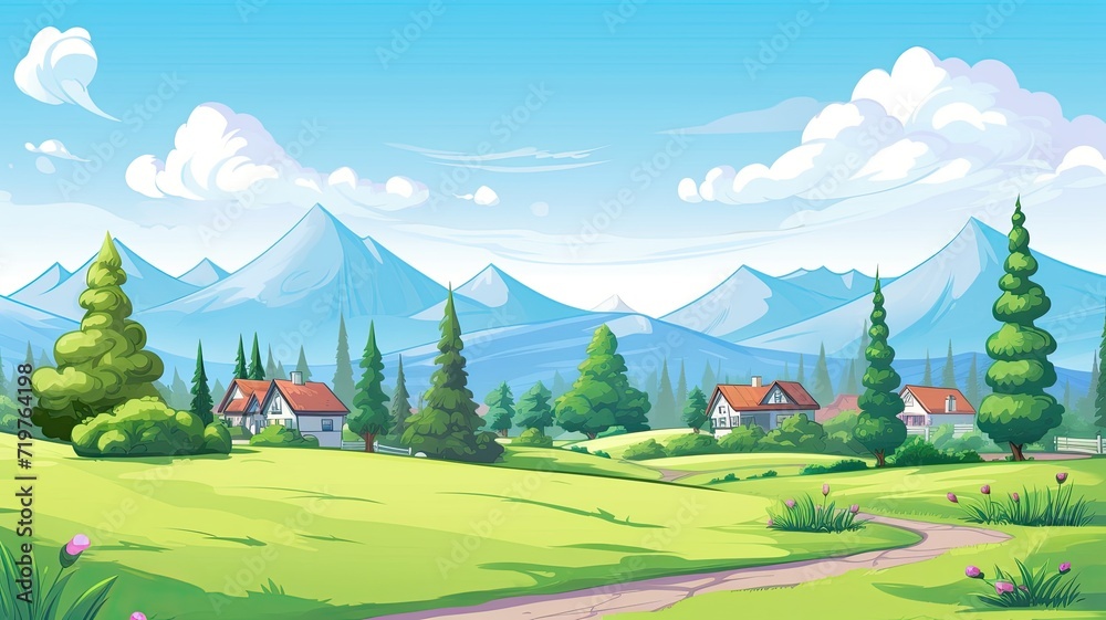 cartoon illustration Suburban landscape. countryside, with houses ...