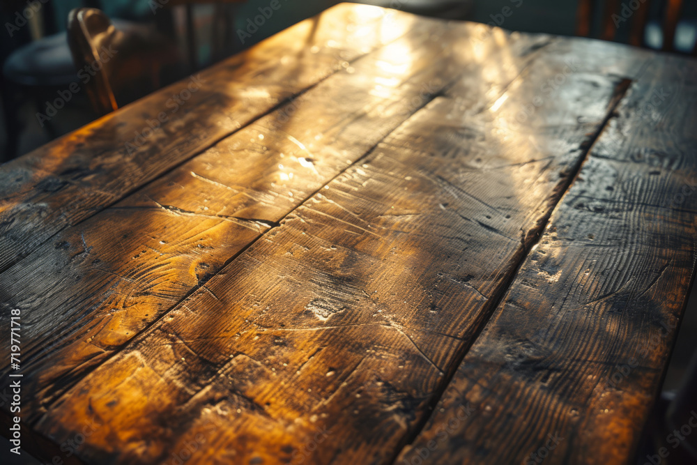 An antique wooden table with scratches and dents, each mark telling a ...