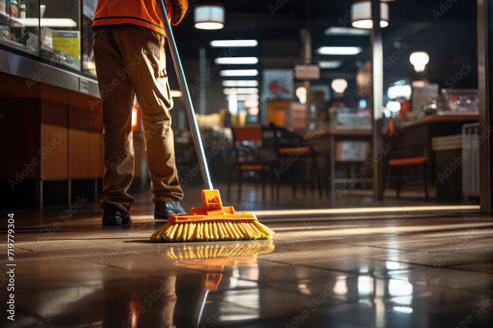 A janitor pushing a mop with a sense of purpose, highlighting the often ...