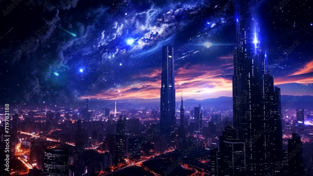skyscraper building city on space galaxy sky background video looping ...