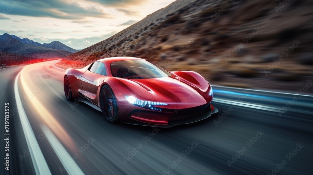 Fast-moving car driving on a blurred highway, capturing the thrill of ...