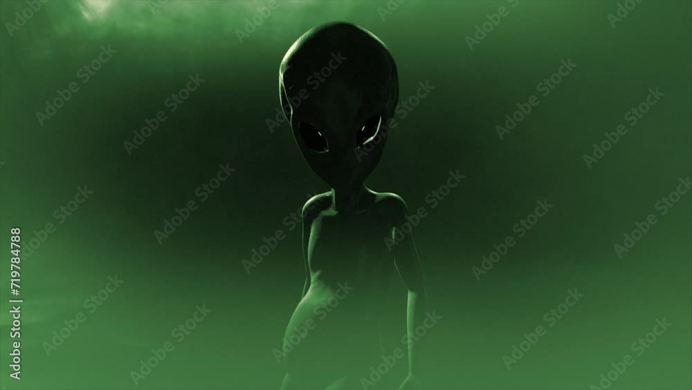 3D CGI push-in shot of a classic, shiny-skinned Roswell grey alien ...