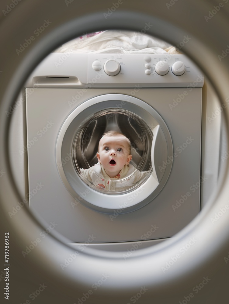 Funny illustration of a person in a washing machine looking at a baby ...